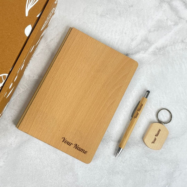Custom Bamboo Gift Set - Diary, Pen & Keychain with Name – Giftana
